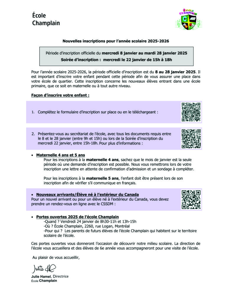 Inscription 2025-2026 | École Champlain